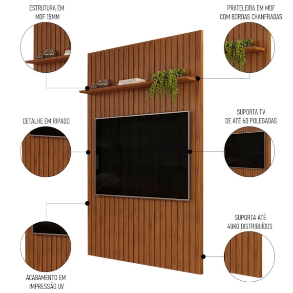 Painel para TV 60 Polegadas Ripado 143x240cm Pratisk D04 Freijó - Mpozenato
