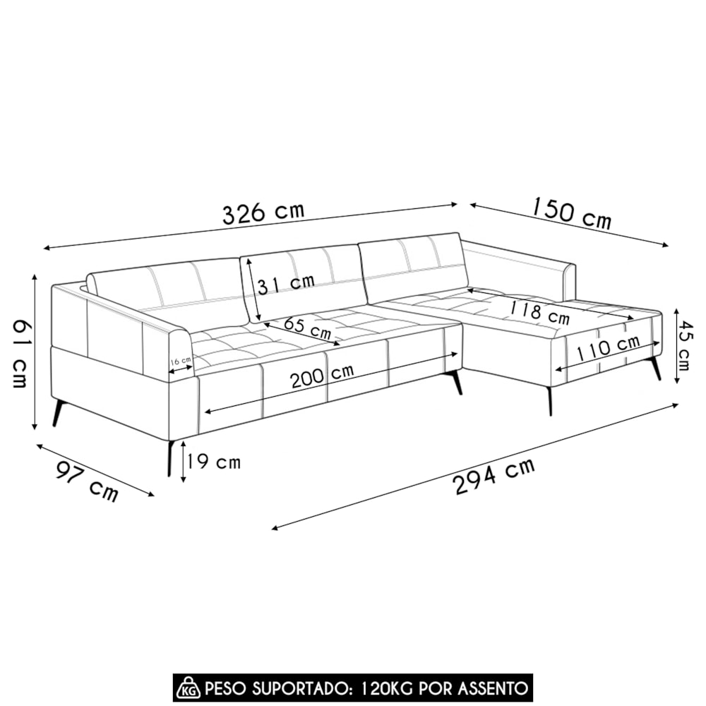 Sofá 5 Lugares 326cm Com Chaise Direito Eko Couro Marrom Z55 - Mpozenato